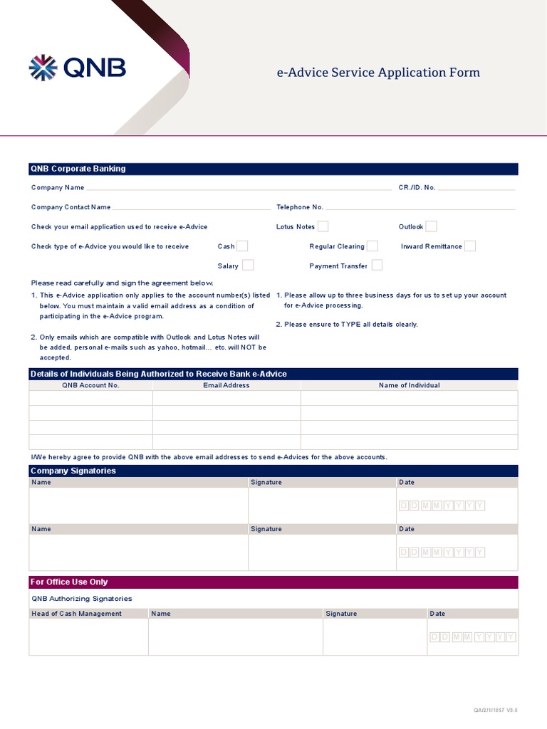 QNB e-Advice Service Application Form | PDF | Business | Computing