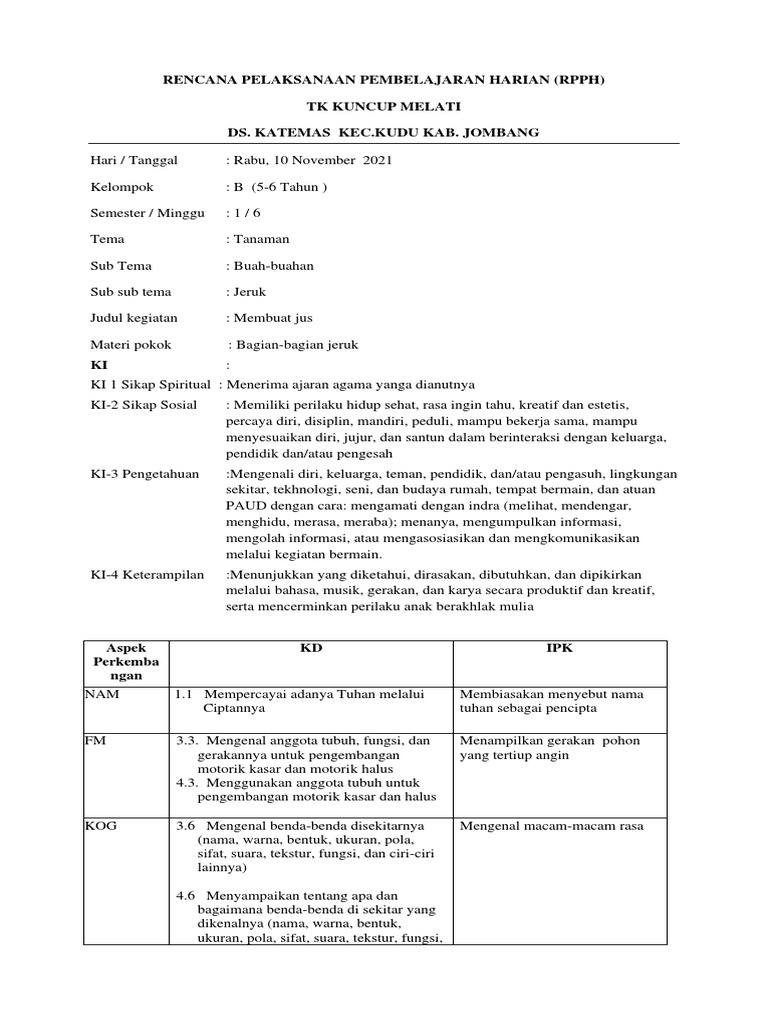 RPPH Tema Tanaman Sub Tema Buah Buahan | PDF