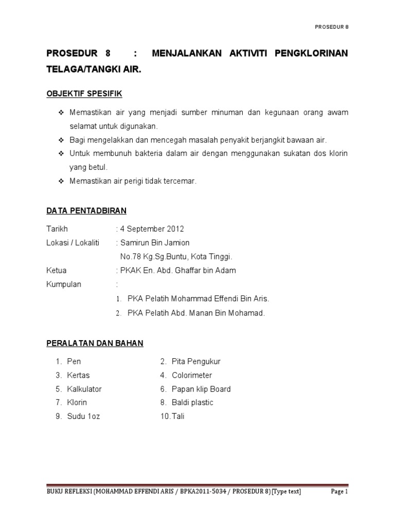 Prosedur 8: Menjalankan Aktiviti Pengklorinan Telaga/Tangki Air | PDF