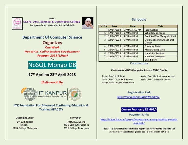 Schedule for a One Week Hands On Student Development Program on NoSQL MongoDB hosted by M.S.G ...