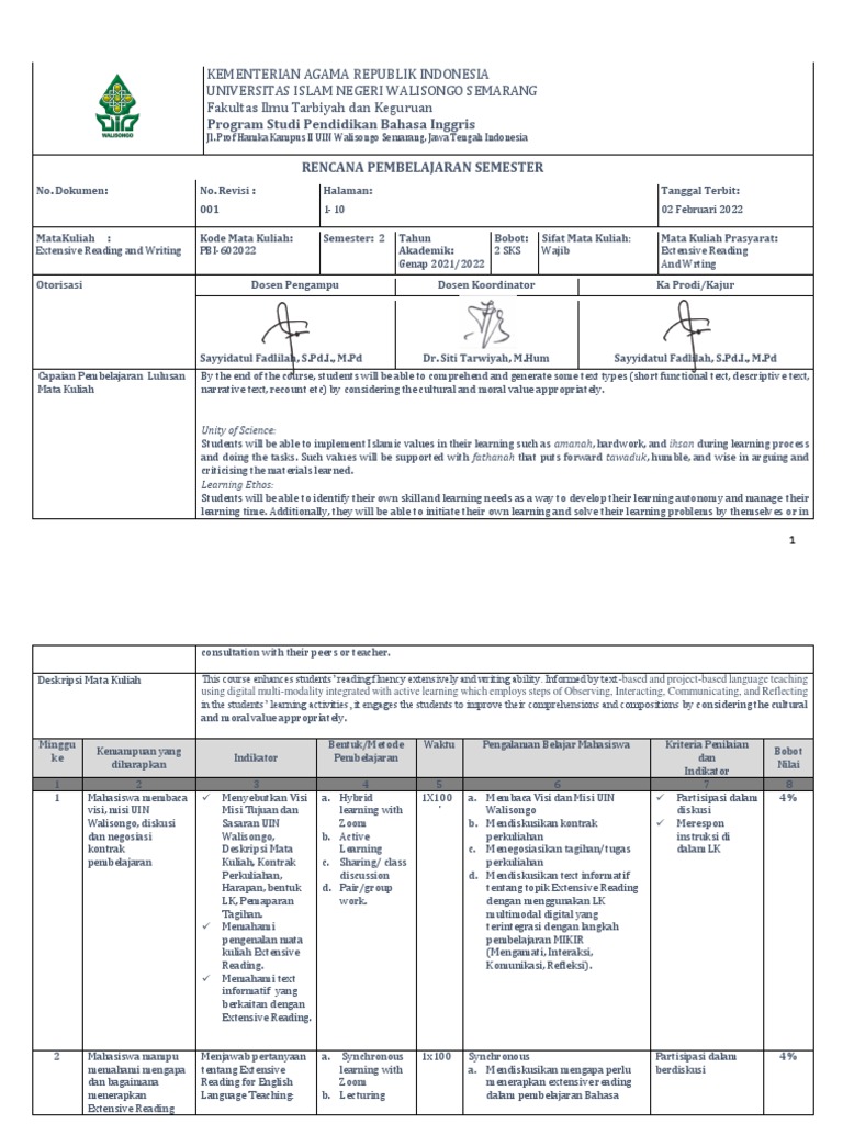 RPS Makul Extensive Reading and Writing | PDF | Cognition | Learning