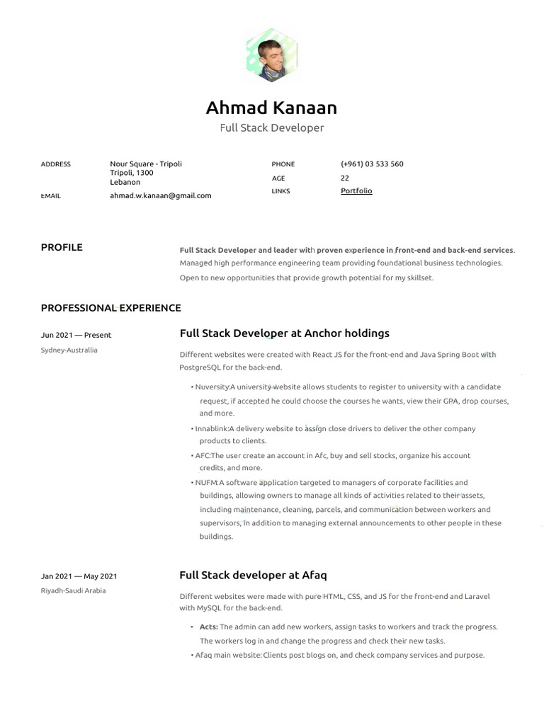 Ahmad Kanaan - Full Stack Developer | PDF | Java Script | Compiler