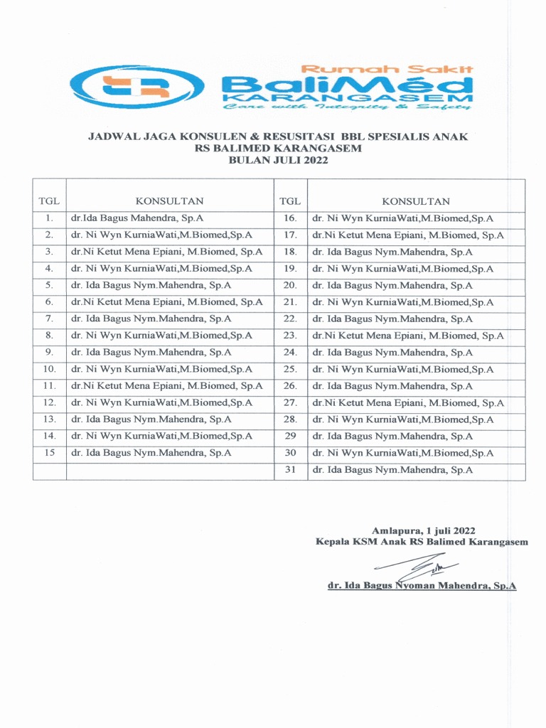 Jadwal Anak Juli 2022 BMK | PDF