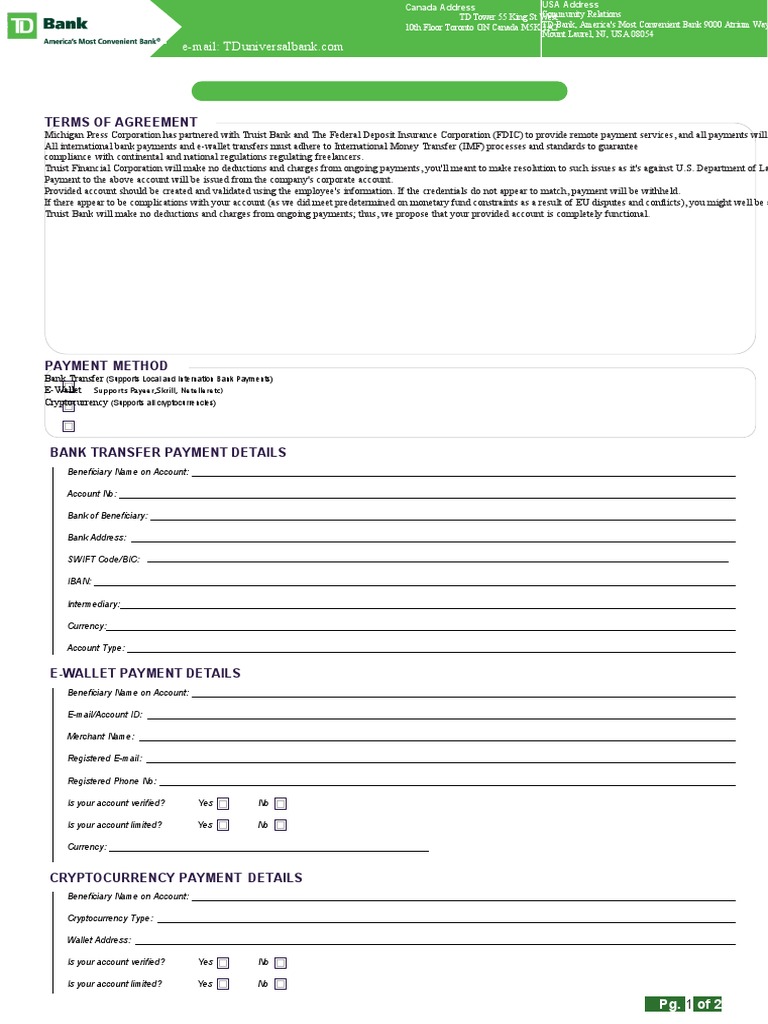 TD Bank Wire Transfer Instructions | PDF | Wire Transfer | Banks