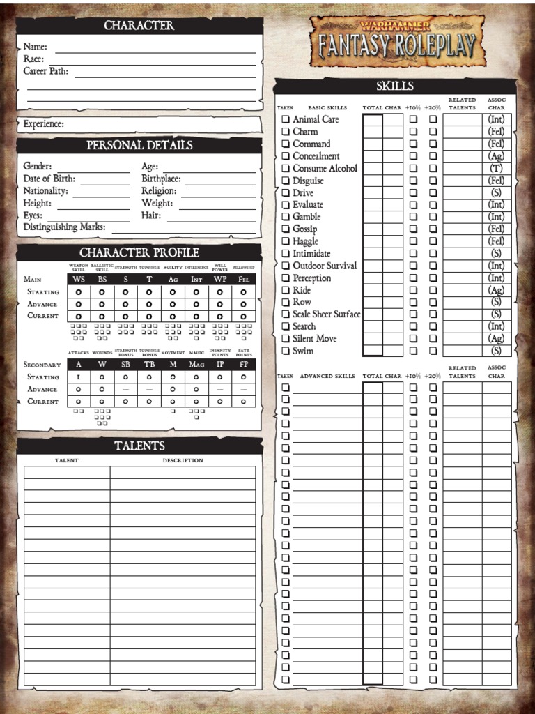 WFRP 2nd Ed. Character Sheet | PDF | Leisure