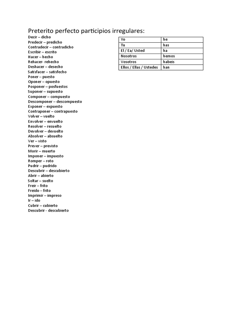 Preterito Perfecto Participios Irregulares | PDF