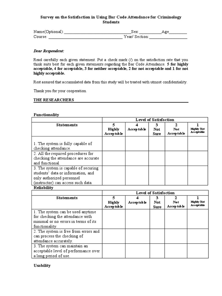 Survey Tool On The Satisfaction in Using Bar Code Attendance | PDF ...