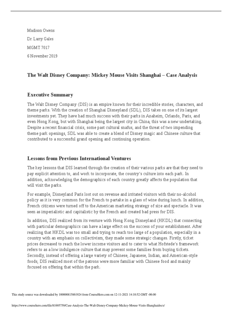 Case Analysis: The Walt Disney Company - Mickey Mouse Visits Shanghai | PDF