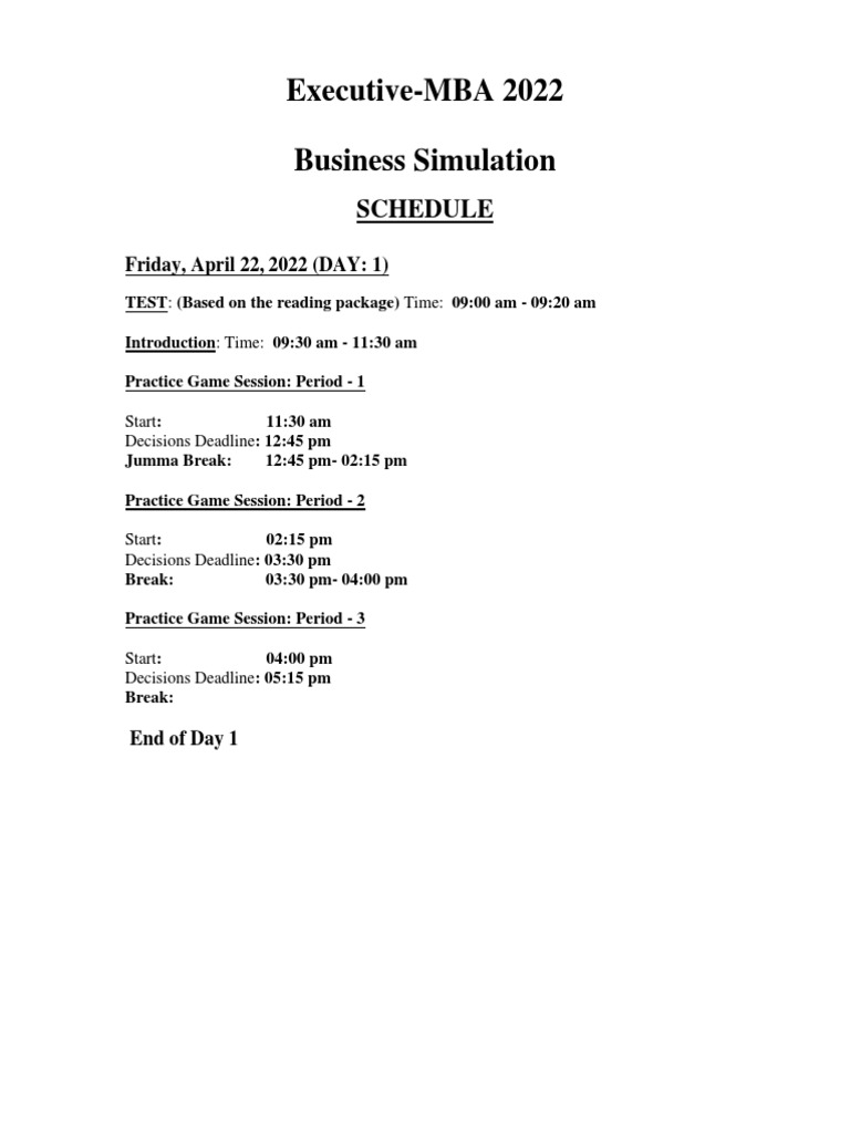 Business Simulation Game Schedule EMBA-2022 | PDF