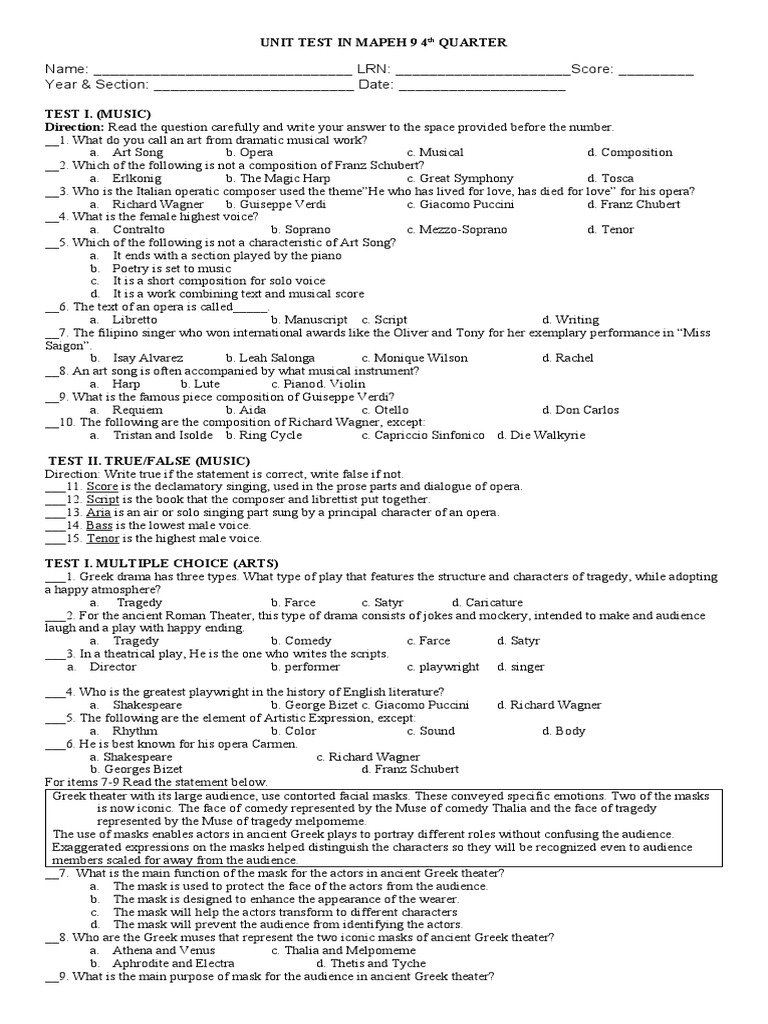 MAPEH 9 Final Exam Guide | PDF | Opera | Tragedy