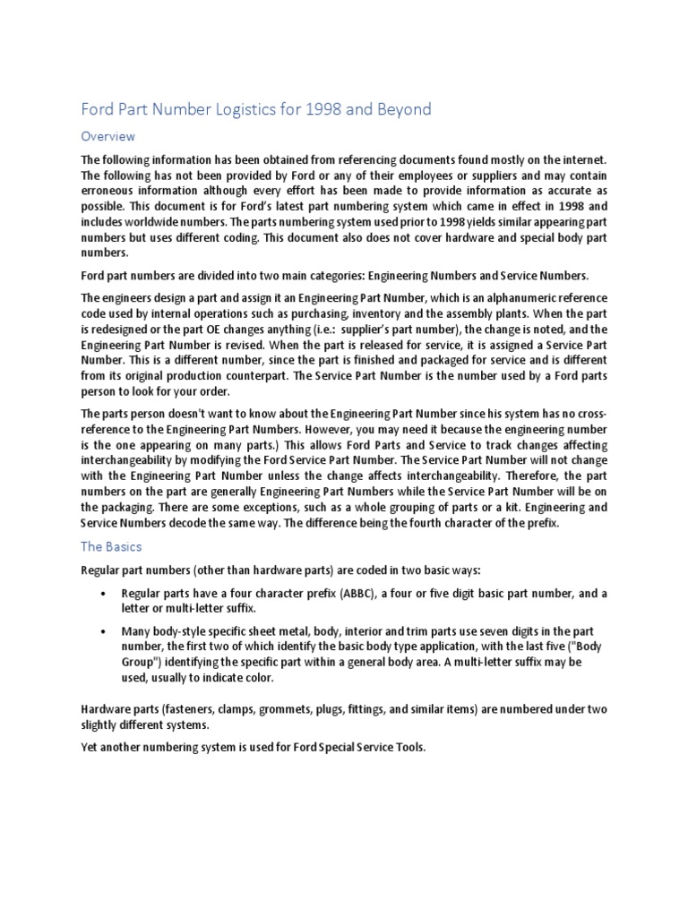 1998+ Ford Part Codes | PDF | Code | Ford Motor Company