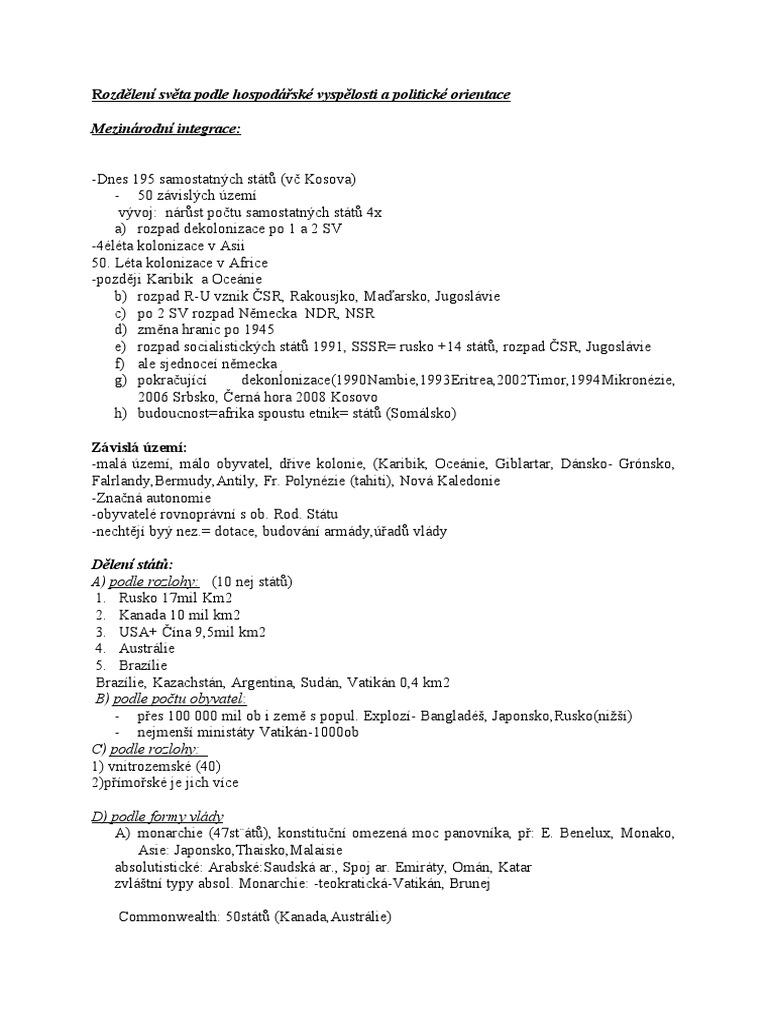 Rozdeleni Sveta Podle Hospodarske Vyspelosti A Politicke Orientace | PDF