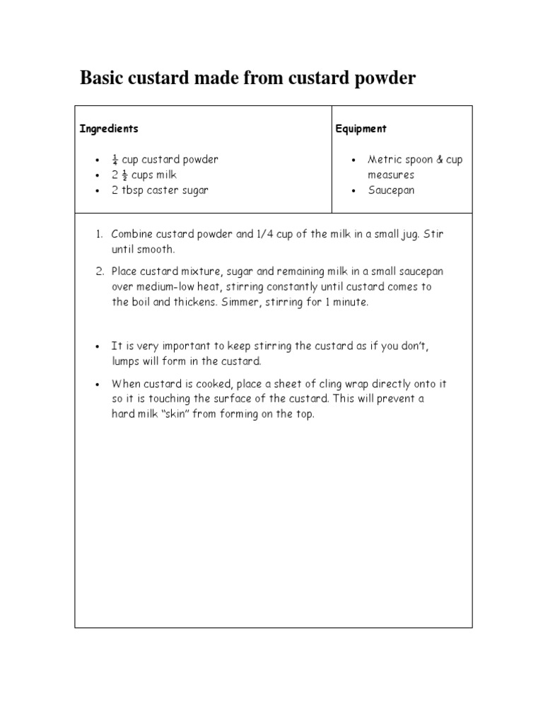 Basic Custard Made From Custard Powder: Ingredients Equipment | PDF