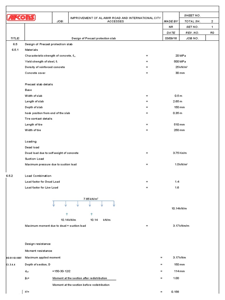 6.5 Design of Precast Protection Slab 6.5.1 Materials: Job: Made by ...