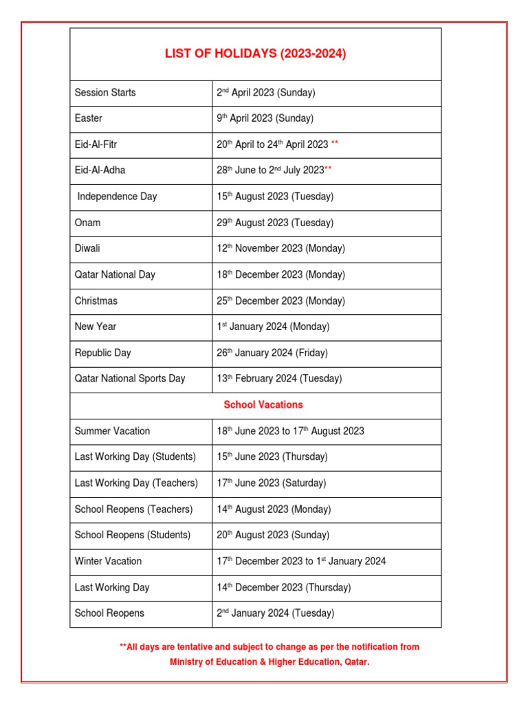 Holiday List 2023-2024 | PDF
