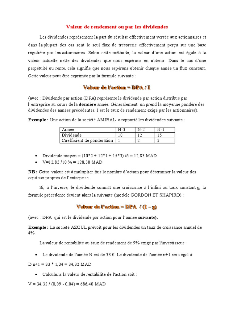Calcul de la Valeur d'Action par Dividendes | PDF | Dividende | Rentabilité