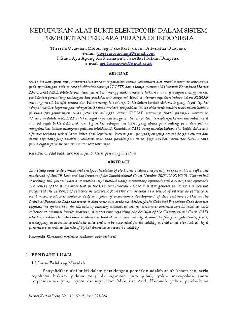 Kedudukan Alat Bukti Elektronik Dalam Sistem Pembuktian Perkara Pidana Di Indonesia | PDF