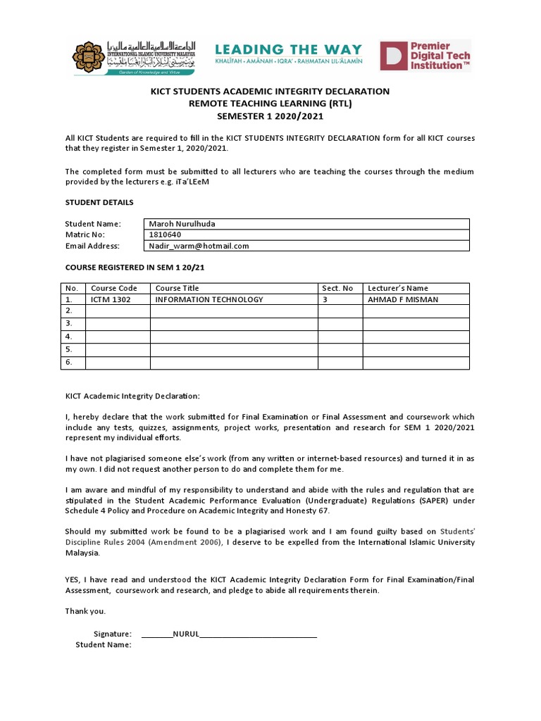 KICT Academic Integrity Declaration Form | PDF | Finance & Money Management