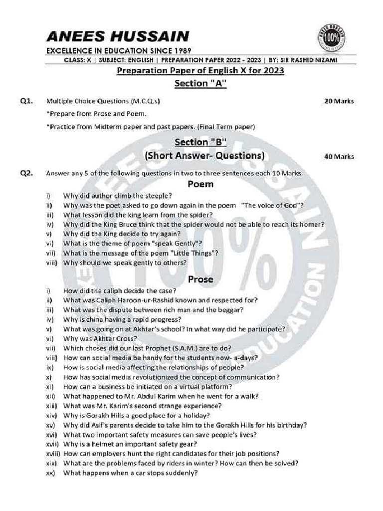 X Anees Prep Paper 2023 | PDF