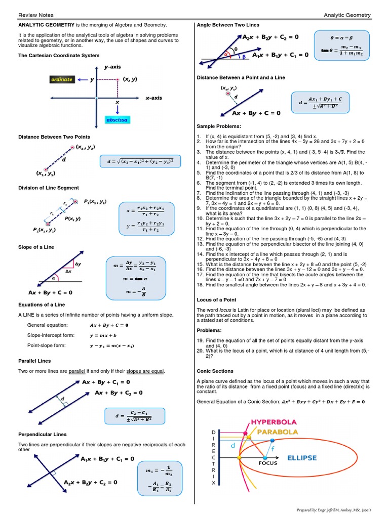 Analytic Geometry Review Notes With Probems Pdf Ellipse Line Geometry