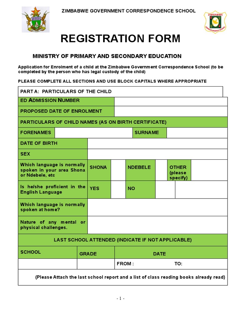 Registration Form: Ministry of Primary and Secondary Education | PDF ...