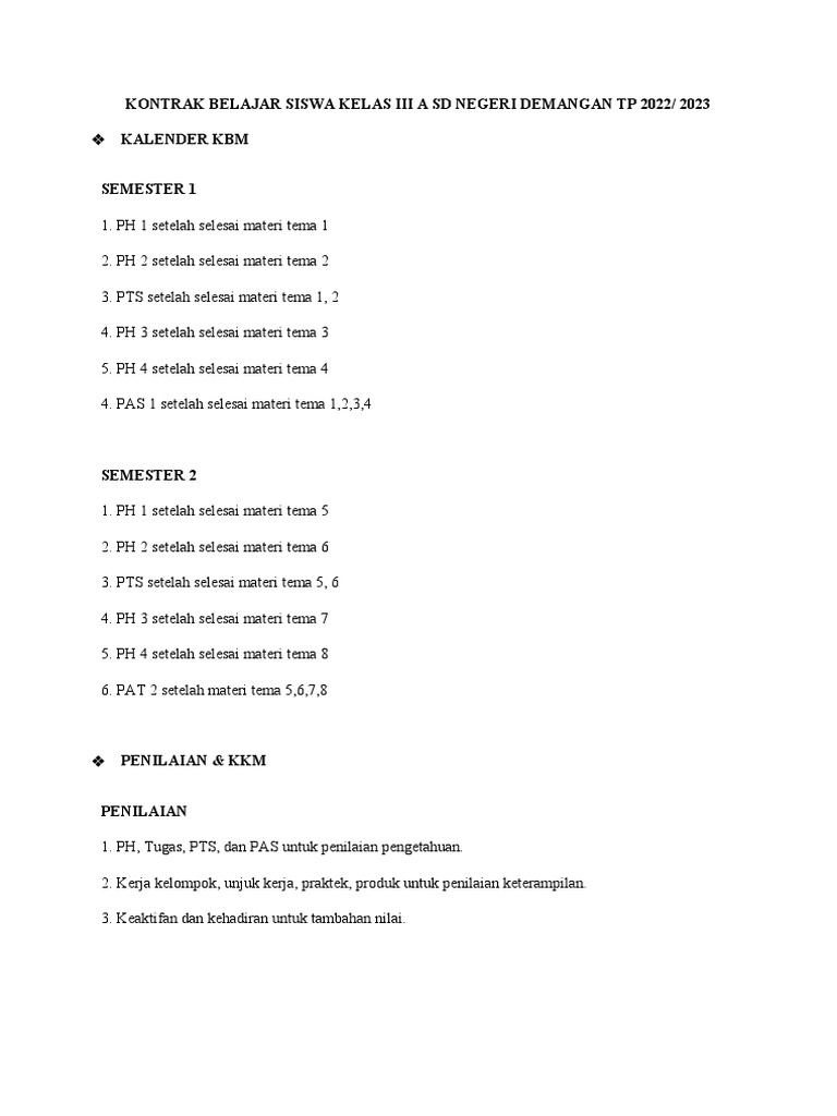 Kontrak Belajar Siswa KLS Iiia TP 22-23 | PDF