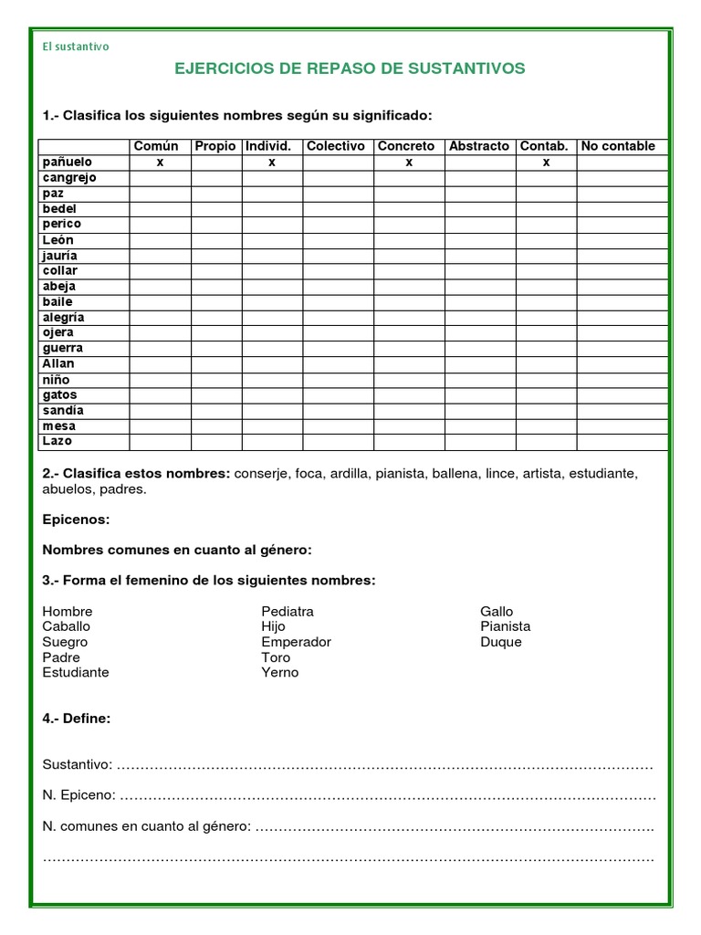Ejercicios de Repaso de Sustantivos: Común Propio Individ. Colectivo ...