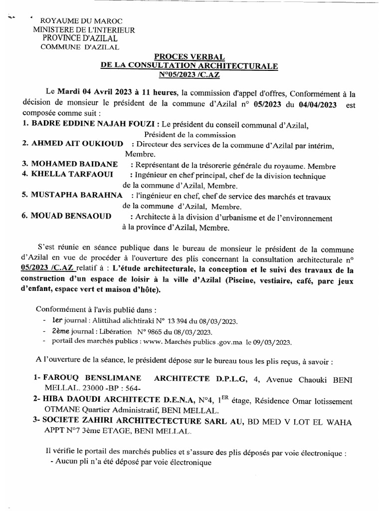 Proces Verbal de La Consultation Architecturale N°05-2023-C.AZ | PDF