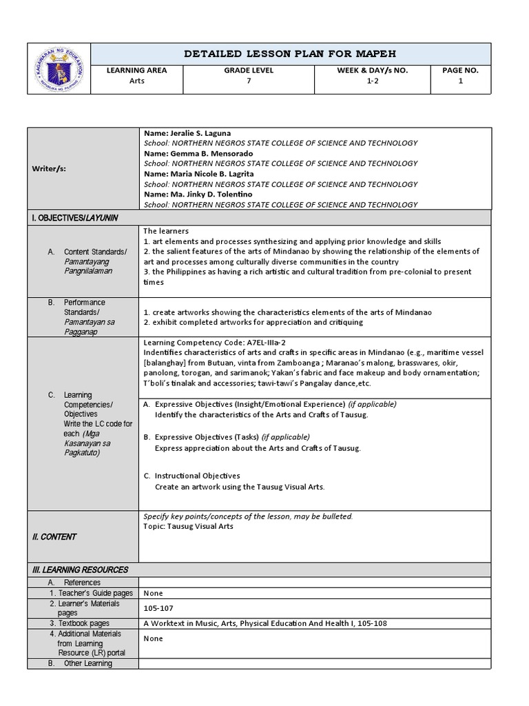 Detailed Lesson Plan For Mapeh: Learning Area Grade Level Week & Day/S ...