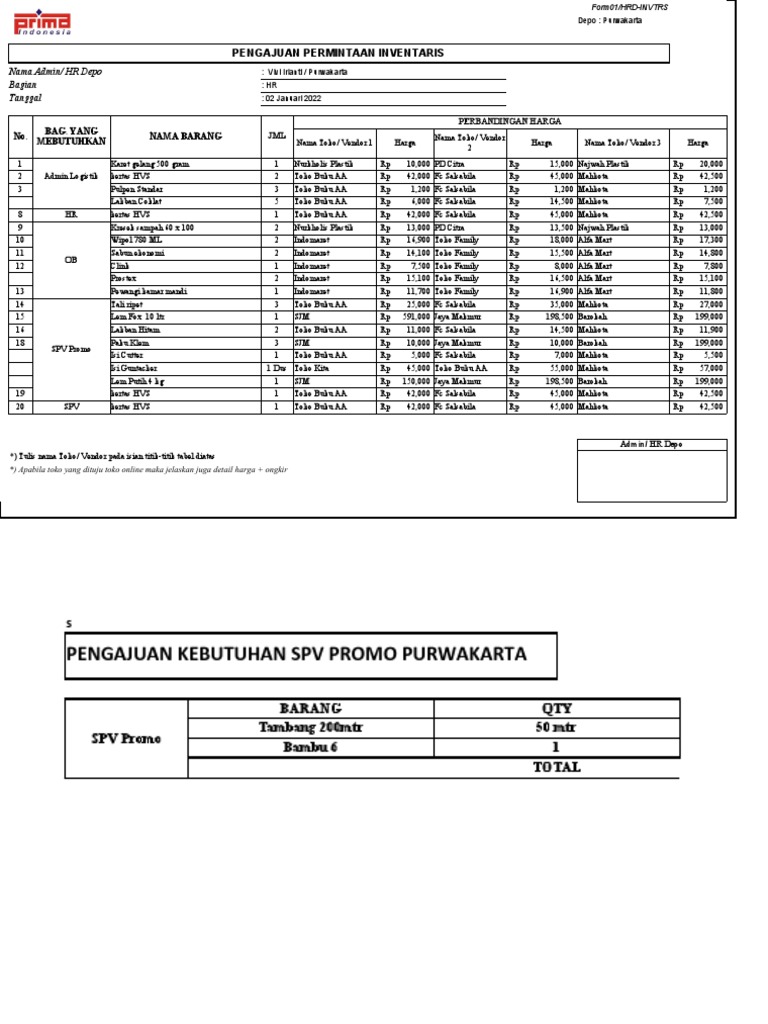 Contoh Form Pengajuan Permintaan Inventaris | PDF