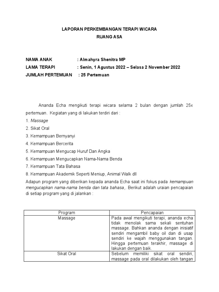 Laporan Terapi Wicara Echa | PDF