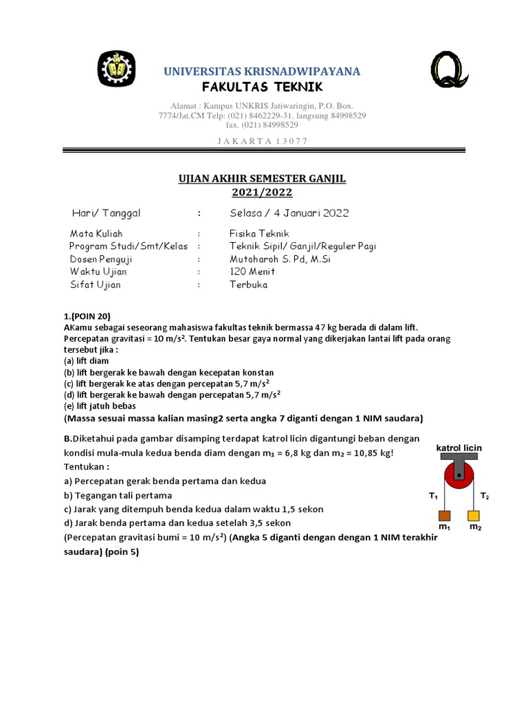 SOAL UAS FISIKA DASAR I TEKNIK Industri Reguler Pagi | PDF