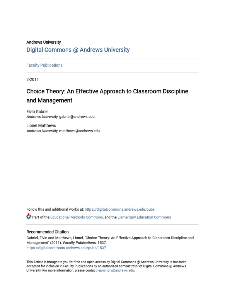 Effective Classroom Discipline with Choice Theory | PDF | Teachers ...