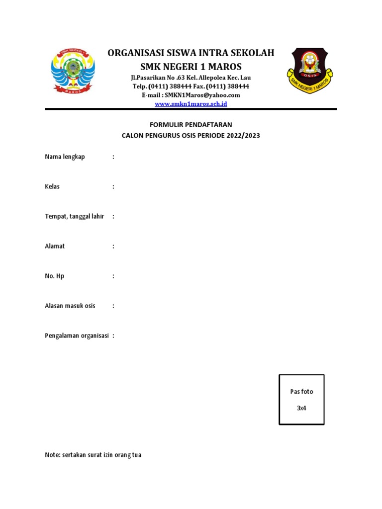 Contoh Formulir Pendaftaran Osis | PDF