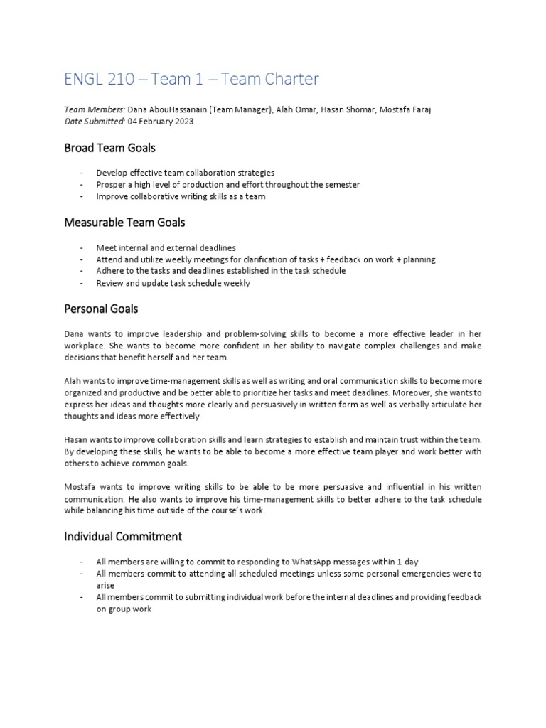 ENGL 210 Team Charter and Goals | PDF | Goal | Communication