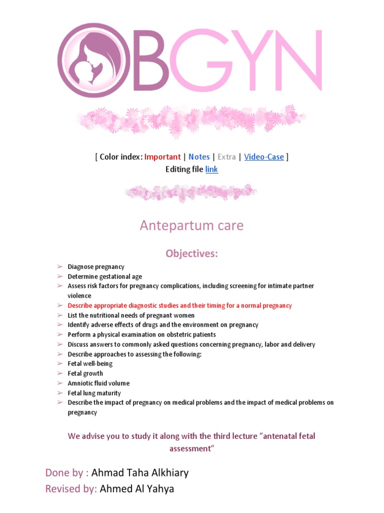Prenatal Care Objectives & Antepartum Assessment | PDF | Pregnancy | Prenatal Development