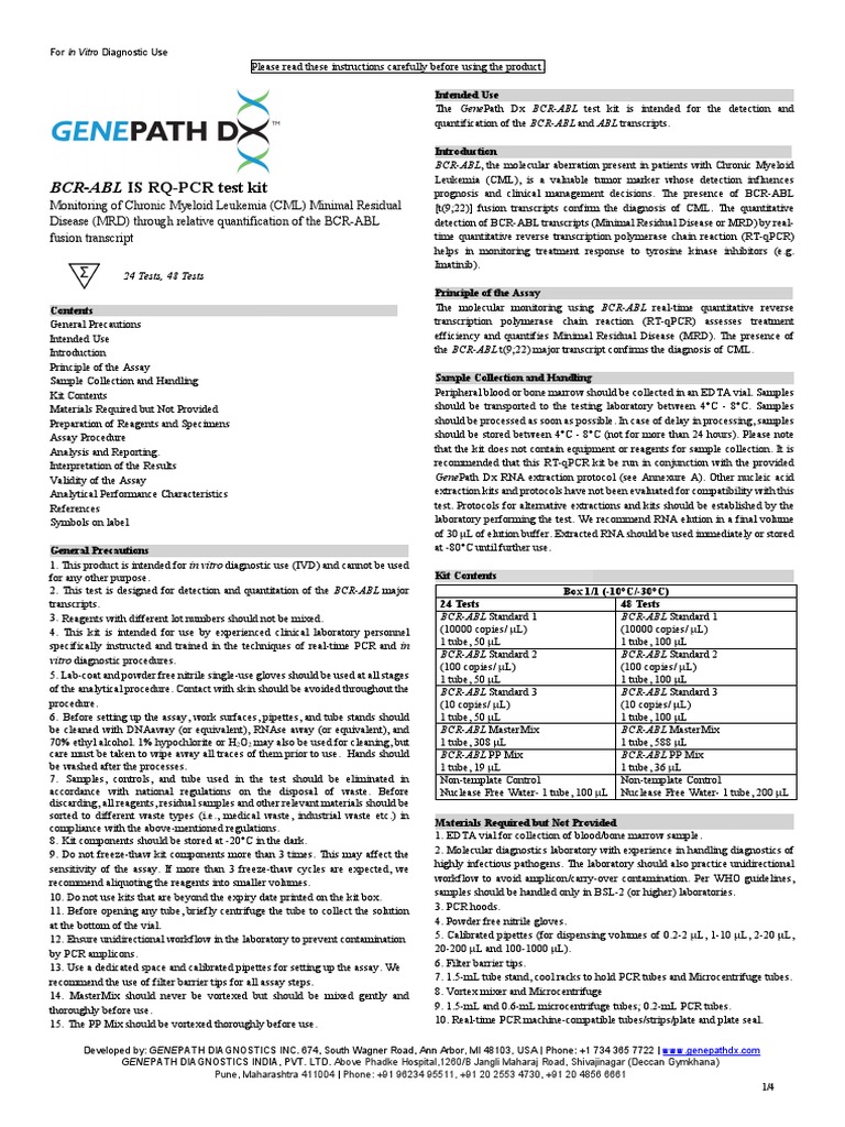 BCR-ABL RQ-PCR Test Kit Instructions | PDF | Polymerase Chain Reaction ...