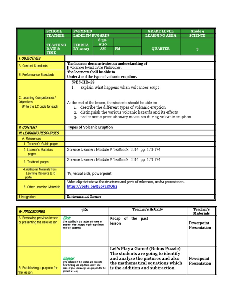 7Es-LP- TYPES OF VOLCANIC ERUPTIONS DAY 3 | PDF | Volcano | Types Of ...