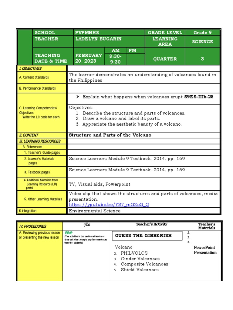 Grade 9 Volcano Lesson Plan | PDF | Volcano | Lava