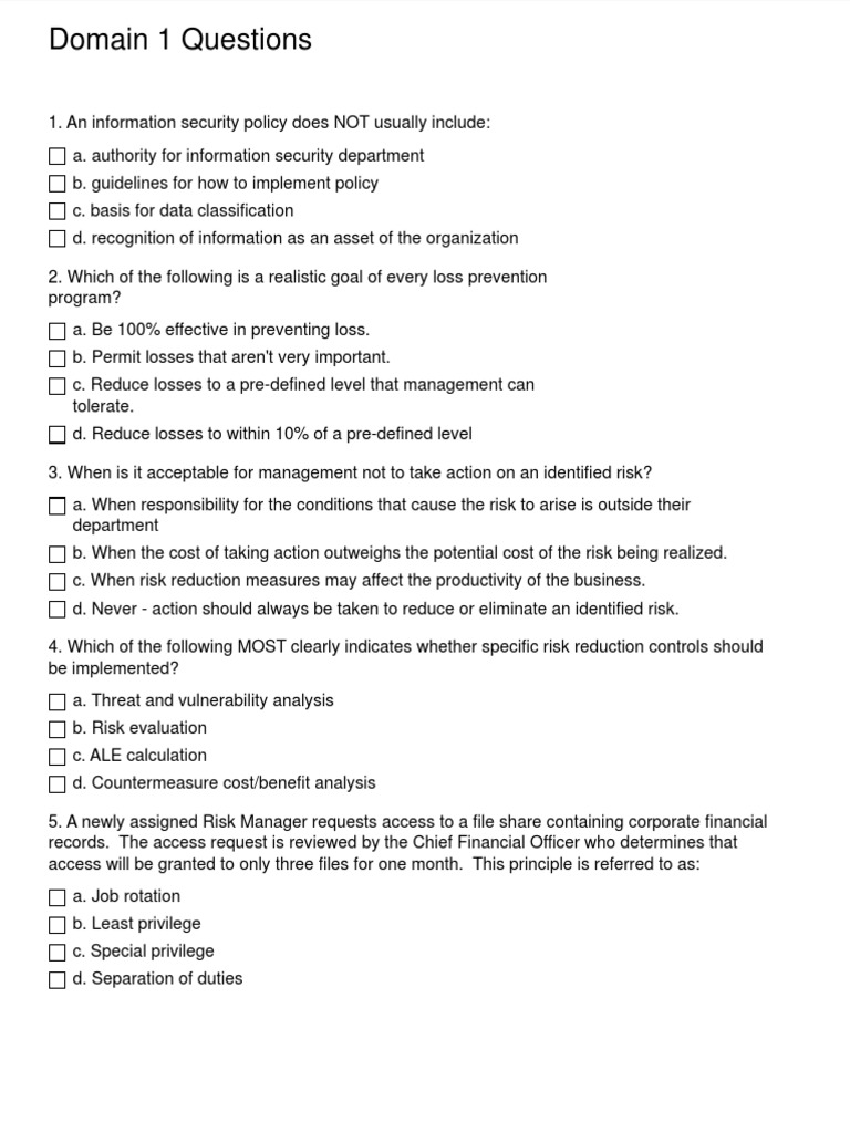 Domain 1 Questions | PDF | Information Security | Risk