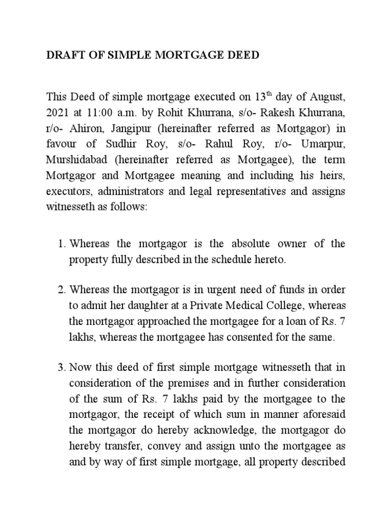 Draft of Simple Mortgage Deed | PDF | Mortgage Law | Natural Resources Law