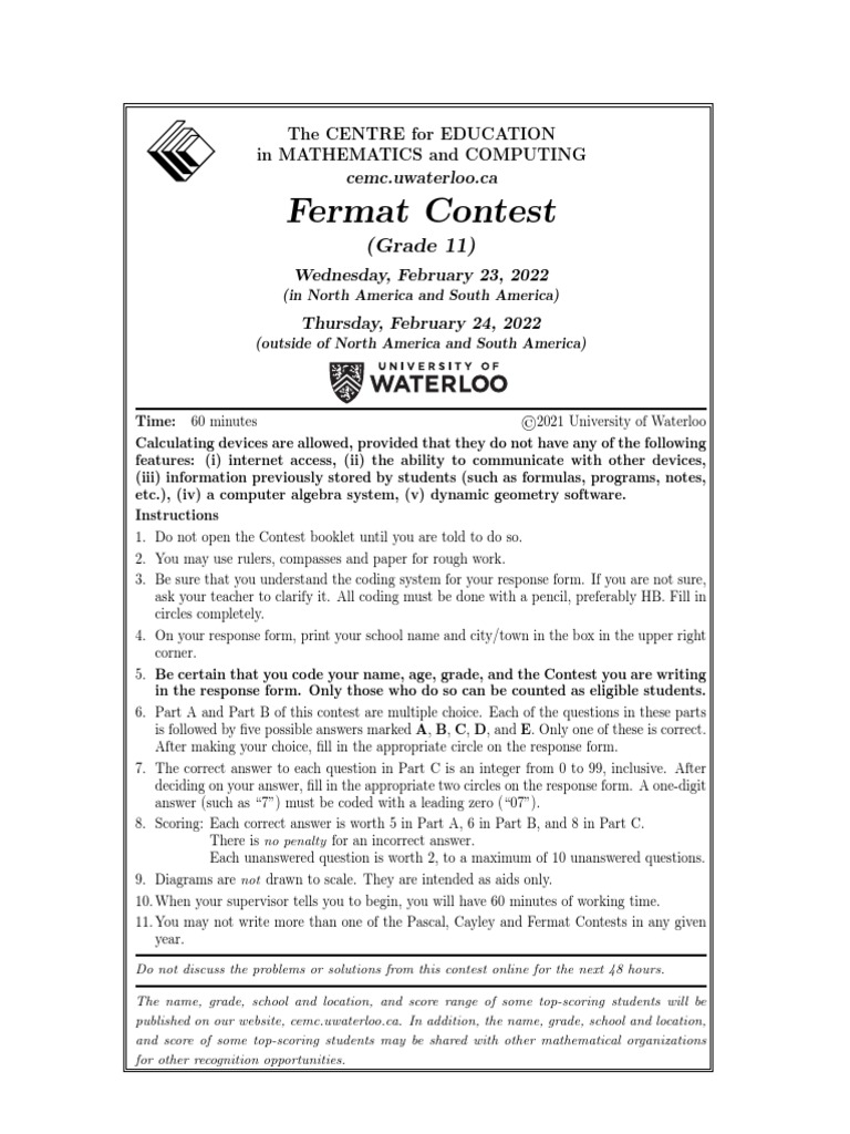 Fermat Combined G11 Contest | PDF | Mathematics | Elementary Mathematics