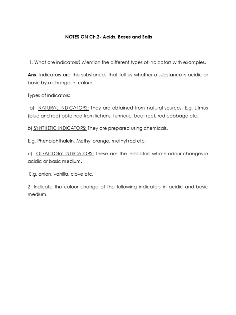 NOTES ON Ch.2 - Acids, Bases and Salts | PDF | Ph | Acid
