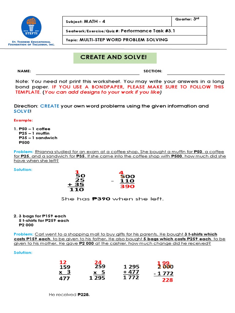Task 3 - Performance Task 3.1 - Create and Solve | PDF