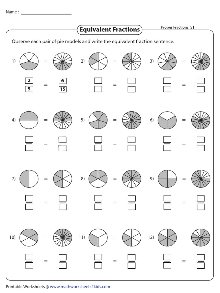 Equivalent Fractions: Observe Each Pair of Pie Models and Write The ...
