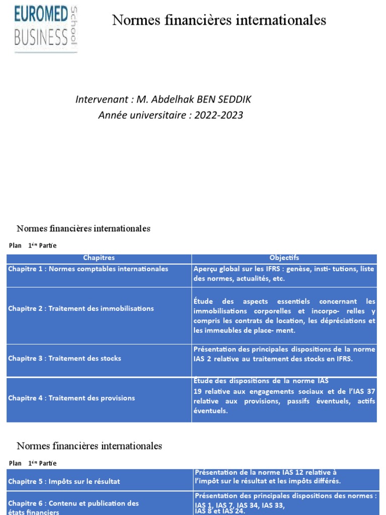 Cours Normes Financières Internationales Première Partie | PDF | Normes internationales d ...