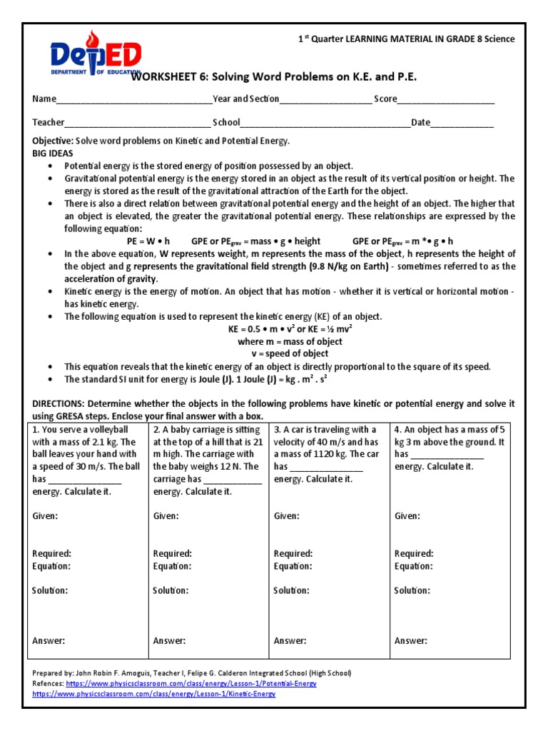 G8-W3 WS2 Solving Word Problems On KE and GPE | Download Free PDF | Potential Energy | Mass