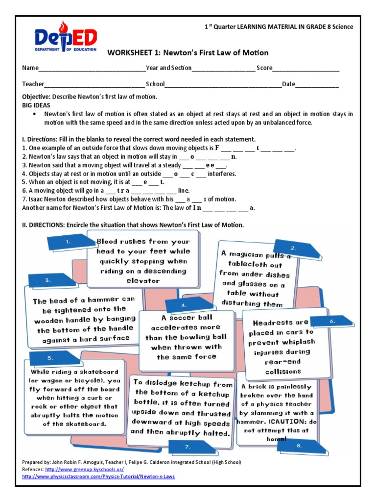 Newton's First Law Worksheet & Answers | PDF