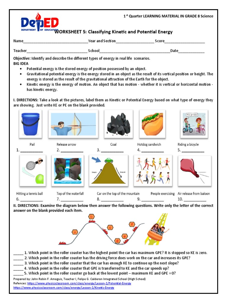 Grade 8 Energy Classification Worksheet | PDF | Potential Energy ...