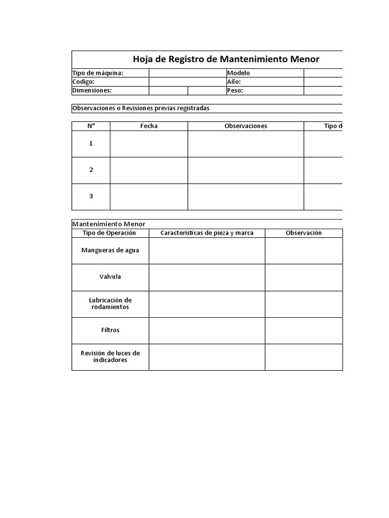Hojas de Registro de Mantenimientos | PDF